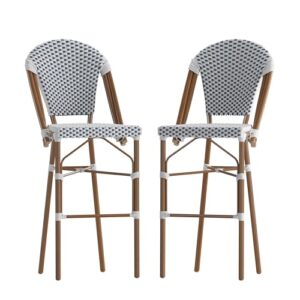 flash furniture lourdes commercial grade bistro bar height stool, stackable indoor/outdoor dining stool, 30" high, white/navy and bamboo finish, set of 2