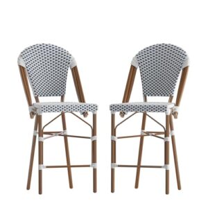 flash furniture lourdes commercial grade bistro counter height stool, stackable indoor/outdoor dining stool, 26" high, white/navy and bamboo finish, set of 2