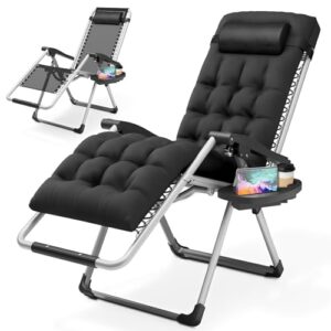 magshion zero gravity chair with cushion, reclining outdoor patio lounge chair, folding indoor anti gravity recliner, portable lounger with removable cup holder side tray and pillow headrest (black)