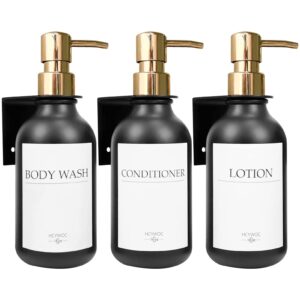 shampoo dispenser for shower wall, shampoo and conditioner dispenser with 16 waterproof labels, no drill shower soap dispenser bathroom, shower soap dispenser wall mounted,17oz, 3 pack, gold black