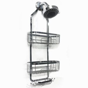 hopopro hanging shower organizer, over head shower caddy bathroom shower storage rack basket with hooks for sponge or towels no drilling & rustproof, chrome