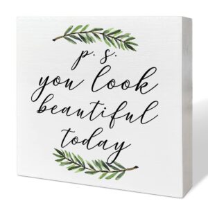 home office desk wooden box sign decor, you look beautiful today, inspirational quotes desk decor motivational desk decorations for women girls teens student office classroom school