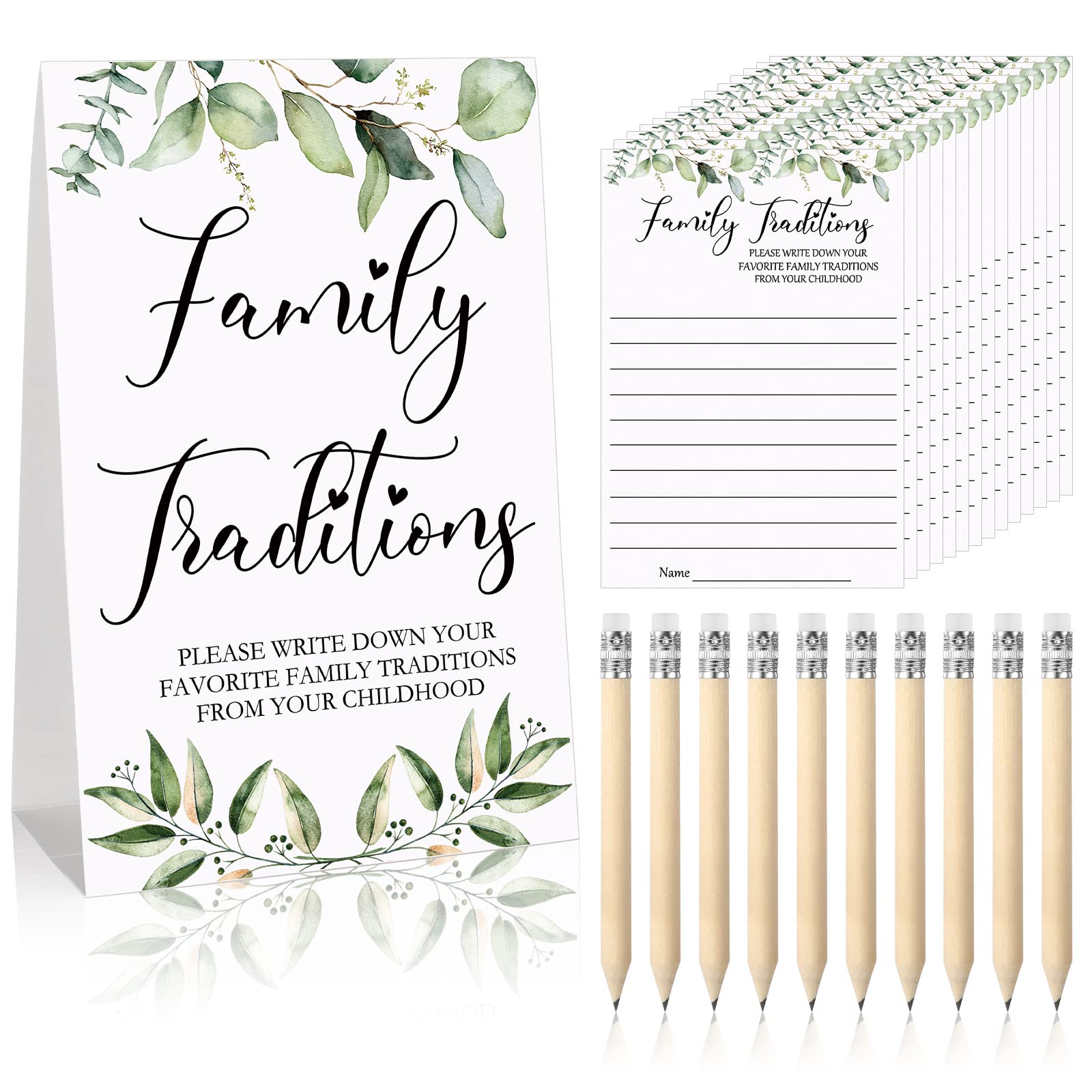 Fumete 61 Pieces Baby Shower Games Include Family Traditions Sign and 50 Baby Shower Family Traditions Cards with 10 Pencils for Baby Shower Party Decor (Greenery)