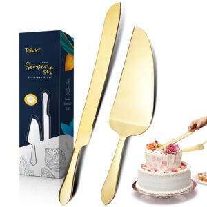 teivio cake cutting set (2 pieces), stainless steel wedding cake knife and server spatula, cake & pie serving set for birthday, wedding, parties, thanksgiving (gold)