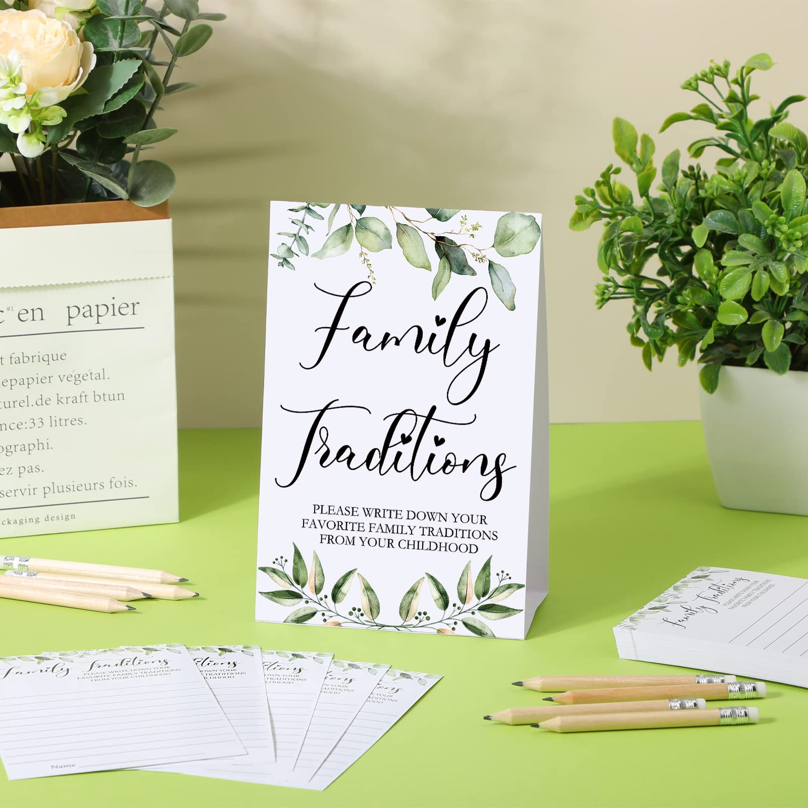 Fumete 61 Pieces Baby Shower Games Include Family Traditions Sign and 50 Baby Shower Family Traditions Cards with 10 Pencils for Baby Shower Party Decor (Greenery)