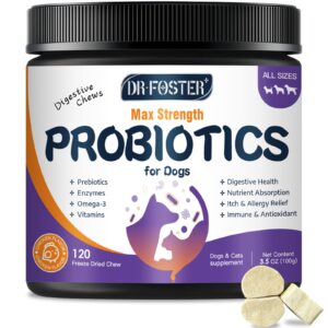 probiotics for dogs, freeze-dried dog probiotics and digestive enzymes, plus omega-3 for itchy skin, 3-in-1 prebiotics for digestive health, dog vitamins and supplements for immune health, 117 bites