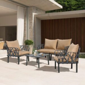 domi outdoor 4 pcs patio conversation set with removable grey cushions, plastic dining table and chairs dining set for garden lawn yard