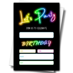 buildinest let's party birthday party invitations with envelopes (20-pack), 4"x6" neon birthday invitation cards, fill-in style party invites-b38