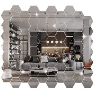 72 pieces hexagon mirror stickers for walls removable 3d hexagon acrylic mirror wall decal aesthetic sticky mirror decorative for bedroom living room decor diy, silver (3.94 x 3.43 x 1.97 inch)