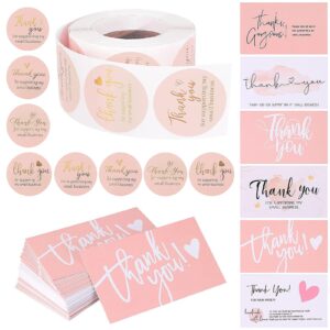 tucewp 620pcs thank you cards and stickers set, include 120 thank you cards small business bulk 500 thank you for your order stickers pink thank you stickers for packaging envelope seals business