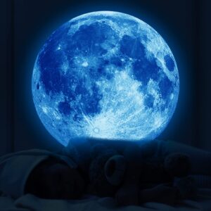 11.8 inch glow in the dark stickers for kids, glow in the dark moon wall decal, glow in the dark moon stickers for ceiling bedroom wall living room, blue