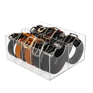 cutora belt organizer, acrylic belt storage holder for closet and drawer, 10 compartments belt container for checkroom, clear belt divider display case