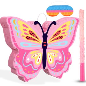 threan butterfly pinata bundle with bat stick & blindfold - butterfly theme party supplies for birthday or baby shower - cardboard pinata, includes confetti