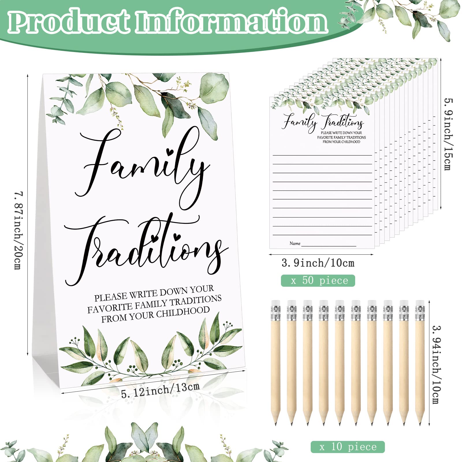 Fumete 61 Pieces Baby Shower Games Include Family Traditions Sign and 50 Baby Shower Family Traditions Cards with 10 Pencils for Baby Shower Party Decor (Greenery)