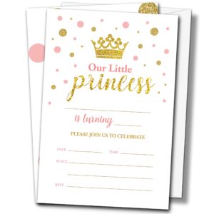 buildinest princess birthday party invitations with envelopes (20-pack), 4"x6" pink and gold birthday invitation cards, fill-in style party invites-b11