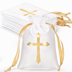 perkoop 50 pcs baptism satin gift bags with drawstring 4 x 6 inch religious party favor candy bags cross gift bag jewelry pouches for christmas baptism first communion(white)