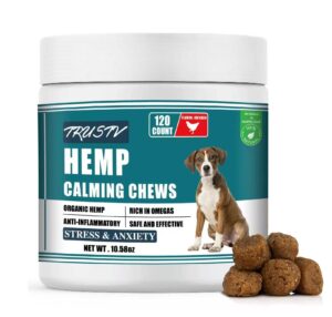 hemp calming chews for dogs - all-natural soothing snacks for stress & dog anxiety relief, dog melatonin calming treats - helps aid with thunderstorms, separation, stress relief & barking(120 chews)