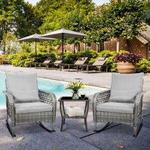 cirmubuy 3-piece outdoor furniture set, patio conversation chair, wicker cushioned patio rocker with side table for porch, garden, poolside & deck, light grey