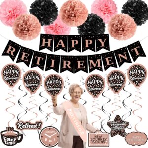 retirement decorations women rose gold happy retirement party decorations female (52pack) happy retirement banner gifts, retirement decor double-sided pattern card, pompoms, hanging swirl retired sash