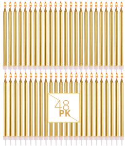 bundaloo gold birthday candles for cake - set of 48 gold candles for birthday cakes - with plastic holders, 5.5" long, 0.20" thickness