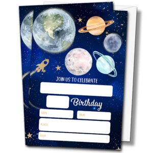 buildinest outer space birthday party invitations with envelopes (20-pack), 4"x6" moon planets birthday invitation cards, galaxy blast off party invites-b18