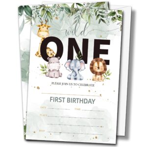 buildinest wild one birthday party invitations with envelopes (20-pack), 4"x6" safari animals 1st birthday invitation cards, jungle wild animals party invites-b14