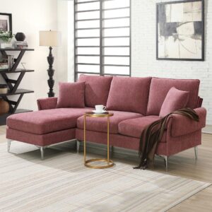 voohek 84" modern convertible sectional l-shaped sofa couch with reversible chaise lounge, 2 pillows, living room, small apartment, pink