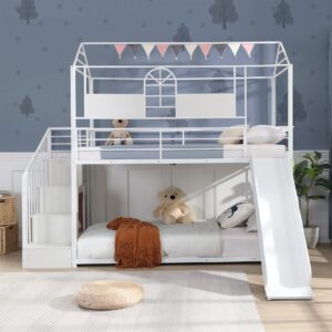 bellemave house bunk bed with slide and stairs twin over twin floor bunk bed frame metal playhouse bunked with storage shelves for kids boys girls teens, white