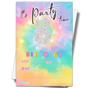 ystep tie dye 8th birthday party invitations, 20 invite cards with envelopes, 4"x6" it's party time birthday party invites - a21