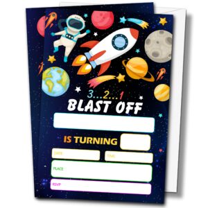 buildinest outer space birthday party invitations with envelopes (20-pack), 4"x6" planets rocket ship astronaut birthday invitation cards, galaxy blast off party invites-b17