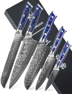 sanmuzuo chef cooking knives set- kitchen knife set of 5 piece - ultra-sharp vg10 damascus steel & resin handle - xuan series (sapphire blue)