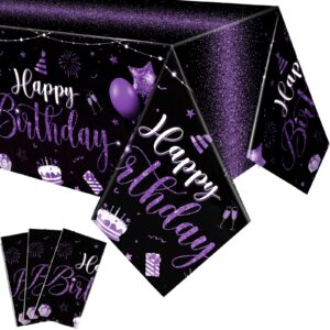 tudomro 3 pcs happy birthday tablecloths happy birthday decorations plastic table cover rectangular cloths for women men baby shower birthday party supplies, 108 x 54 inch (black purple)