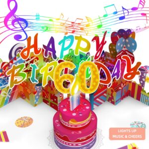 gumry 60th musical birthday popup card, blowable colorful light candle 3d cards with song, applause cheers sound, greeting cards birthday gifts decorations for women men turning 60 years old