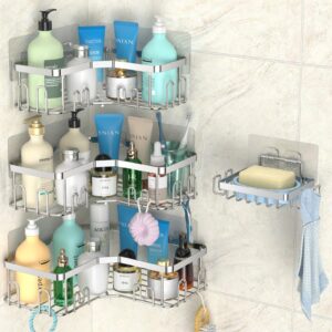 stusgo 4 pack corner shower caddy with soap holder, adhesive shower shelves no drilling, rustproof stainless steel bathroom shower organizer with hooks, shower shelf for inside shower, silver