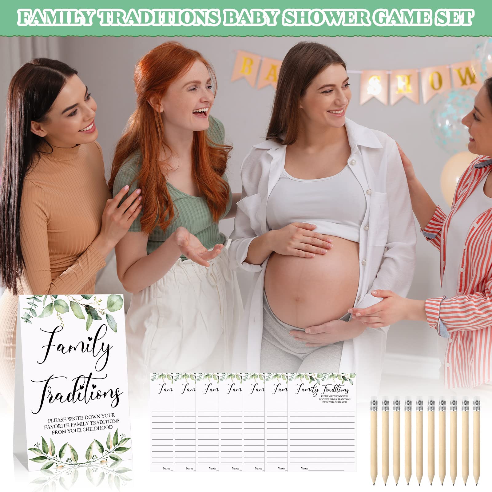 Fumete 61 Pieces Baby Shower Games Include Family Traditions Sign and 50 Baby Shower Family Traditions Cards with 10 Pencils for Baby Shower Party Decor (Greenery)