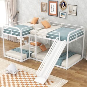 bellemave quad bunk beds with slide l-shape metal bunk bed for 4 twin over twin attach with full over full bunked modern floor corner bunked for multi-kids boys girls teens, white