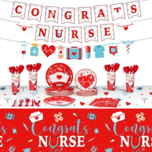 zubebe 173 pcs nurse graduation party supplies serve 24 congrats nurse banner dinner dessert plates cups napkins tablecloth nurse birthday party tableware set for nursing school rn graduation party