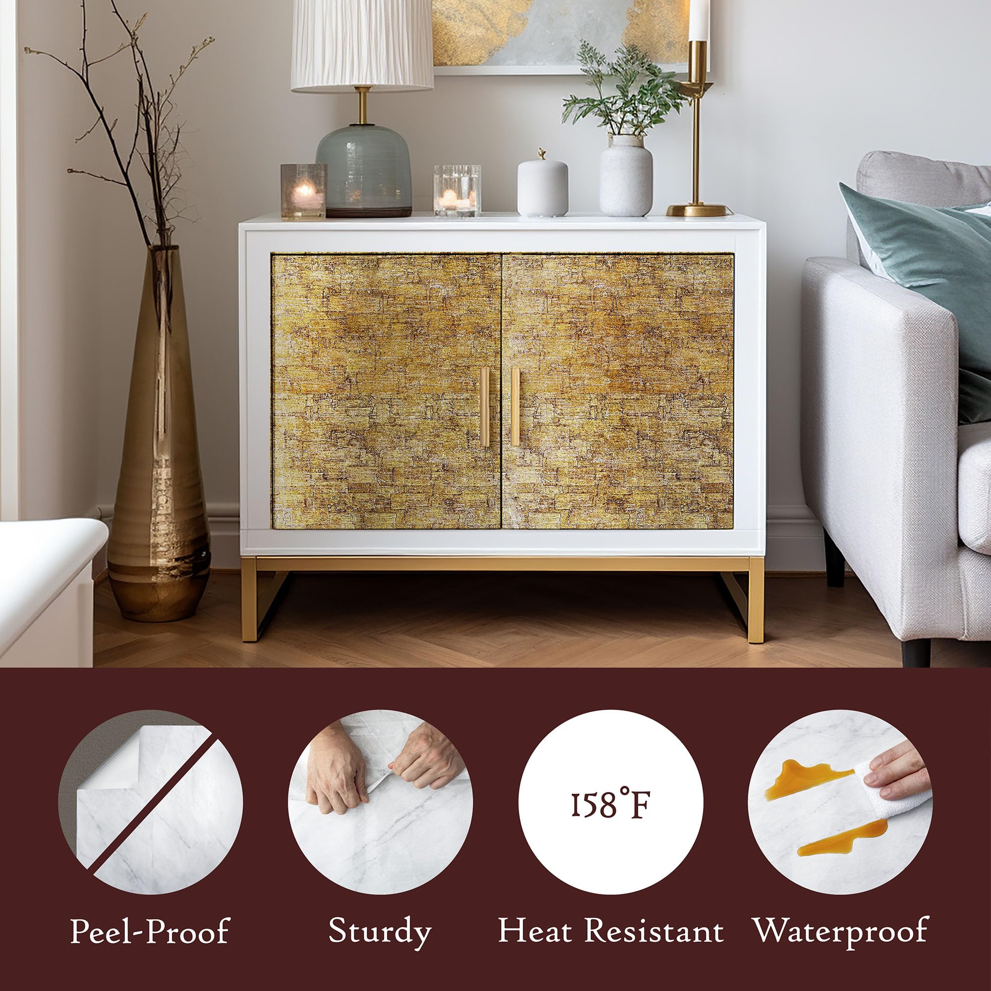 Gold Peel and Stick Wallpaper (15.7" x 118", Gold) Removable Textured Metallic Contact Paper Accent Home Décor for Apartments Cabinet Drawer Bookshelf Upcycling Furniture