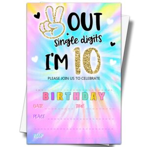 ystep tie dye 10th birthday party invitations, 20 invite cards with envelopes, 4"x6" peace out single digits birthday party invites - a13