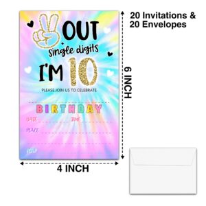 YSTEP Tie Dye 10th Birthday Party Invitations, 20 Invite Cards with Envelopes, 4"x6" Peace out Single Digits Birthday Party Invites - A13