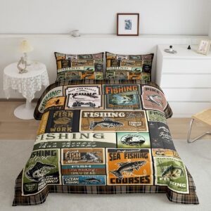 jejeloiu fish comforter vintage fish stamp pattern comforter set for boys girls children fishing and hunting brown green bedding set room decor full size with 2 pillow case