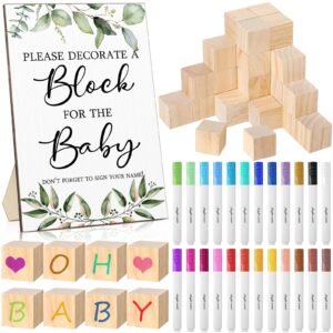 tatuo 75 pcs baby shower decorate a block games kit including decorate a block game sign 50 diy wooden block 24 acrylic paint marker baby shower prize for game gender reveal(greenery,fresh color)