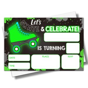 ystep roller skating birthday party invitations, 20 invite cards with envelopes, 4"x6" neon skating birthday party invites - a30