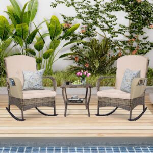 cirmubuy 3-piece outdoor furniture set, patio conversation chair, wicker cushioned patio rocker with side table for porch, garden, poolside & deck, beige