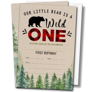 wild one birthday party invitations with envelopes (20-pack), 4"x6" rustic bear buffalo plaid 1st birthday invitation cards, fill-in style party invites-b08