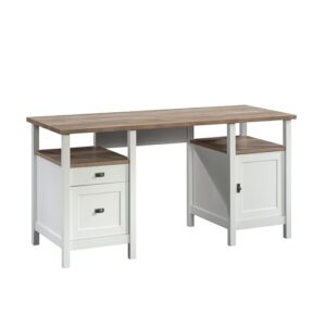 sauder cottage road computer desk with drawers, home office desk with file cabinet and storage shelves, in soft white