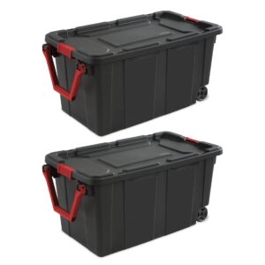 plastic 40 gallon lidded home storage bins, durable stackable industrial storage containers tote, organizing tote tub box with wheeled, moving boxes, for basement, attic, garage, set of 2, black