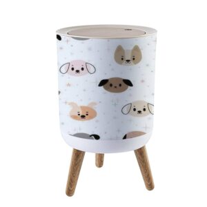 small trash can with lid seamless with cartoon dogs for kids abstract art print with puppies waste bin with wood legs press cover wastebasket round garbage bin for kitchen bathroom bedroom office