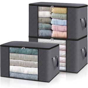 homehacks storage 3-pack clothes organizer storage bags foldable storage box with large clear window sturdy handles for closet, dorm, pillows, bedding, clothes, stuffed toys, blankets, 100l, grey