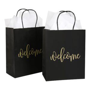 djinnglory 50 pack medium black welcome paper gift bags with handles and 50-sheet white tissue paper for wedding hotel guests engagement bridal shower birthday party favors (10''x8''x4'')